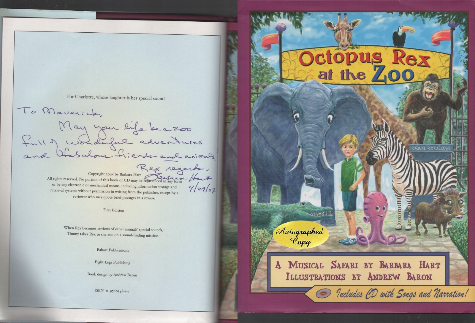 Octopus Rex at the Zoo SIGNED Barbara Hart / Hardcover with CD 2005 ...