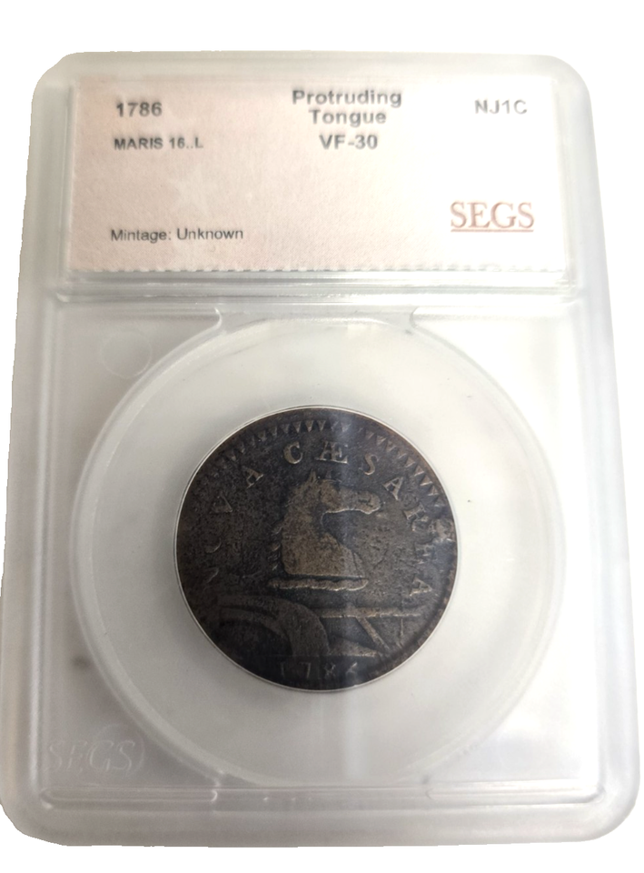 1786 M 16-L Protruding Tongue New Jersey Colonial Copper Coin NJ1C SEGS ...