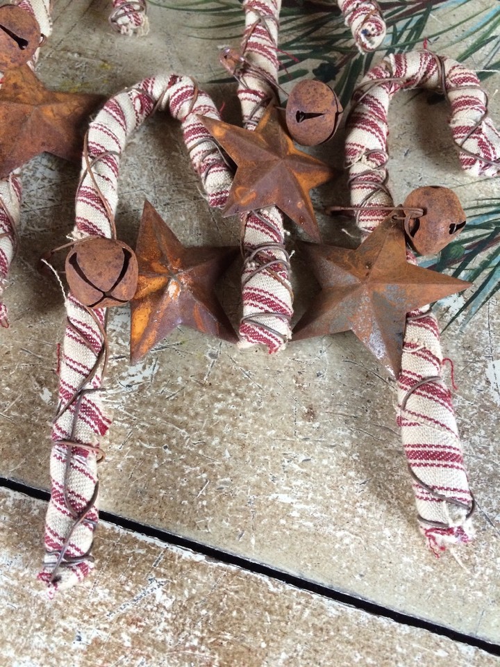 6 Primitive Rusty Wire Star Stars Bells Candy Cane Canes Fabric Farm ...