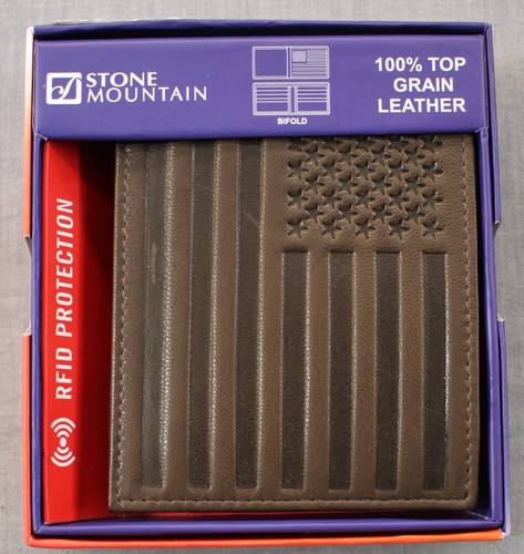 Stone Mountain RFID Blocking Brown Embossed USA Flag Leather Bi-Fold ...