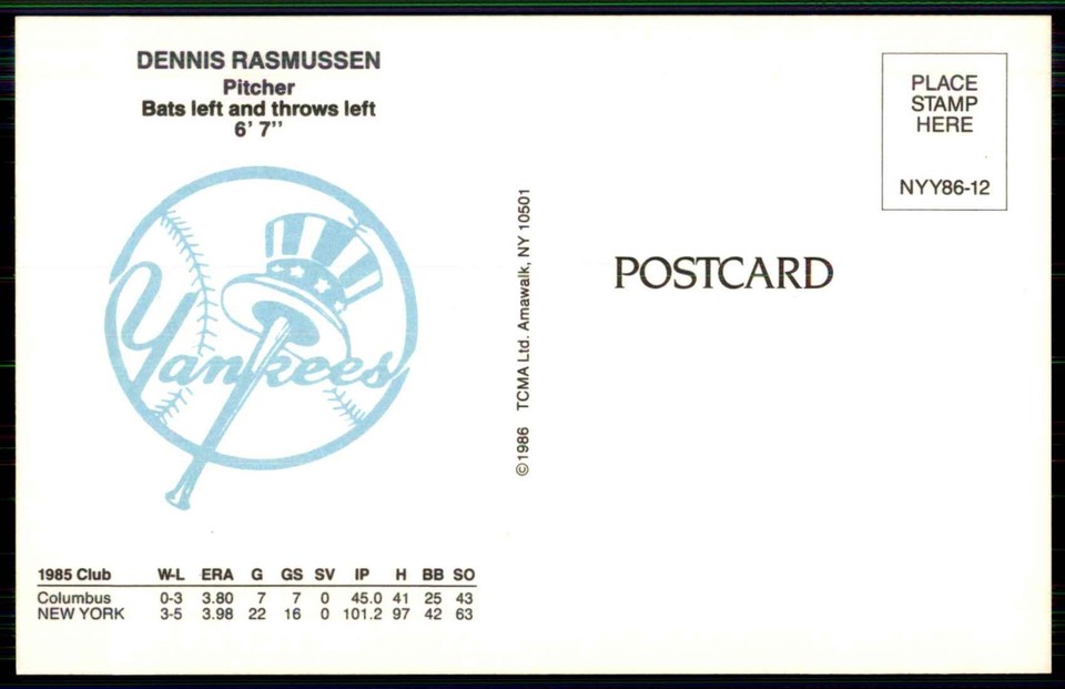 1986 Postcard TCMA Dennis Rasmussen New York Yankees #NNO | eBay