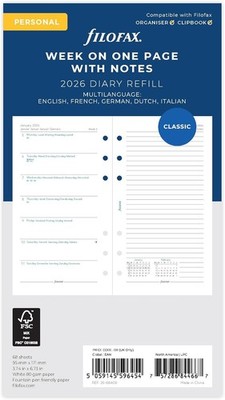 Filofax 2026 Personal size Diary Week On One Page with Lined Notes 26 ...