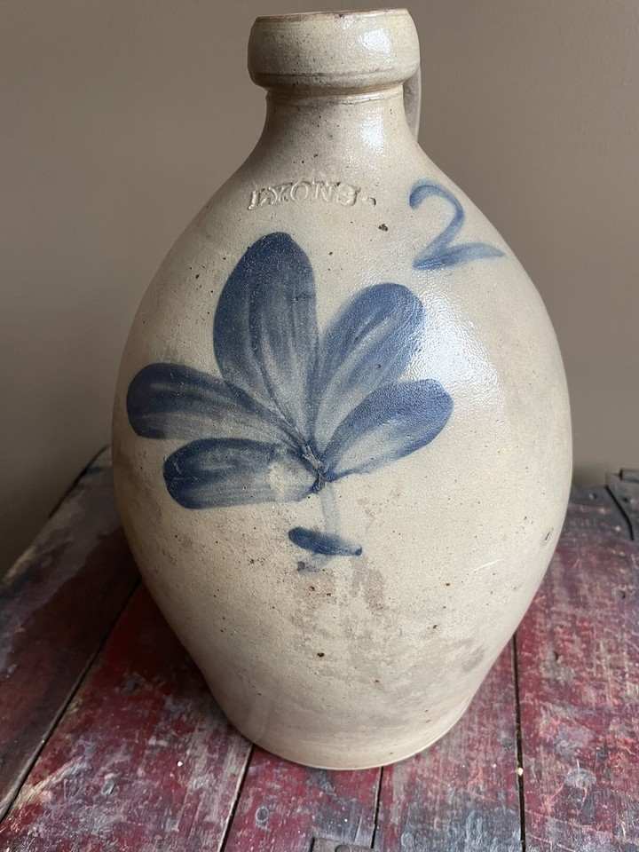 Antique 2 Gallon Lyons Salt Glazed Blue Cobalt Decorated Flower Jug | eBay