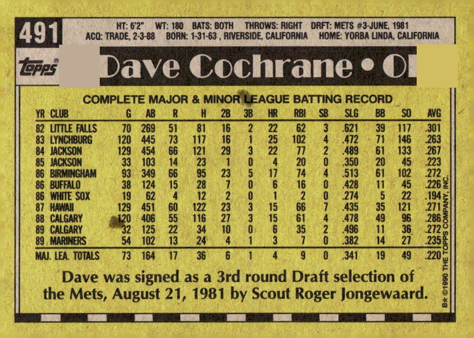1990 Topps #491 Dave Cochrane - Seattle Mariners | eBay