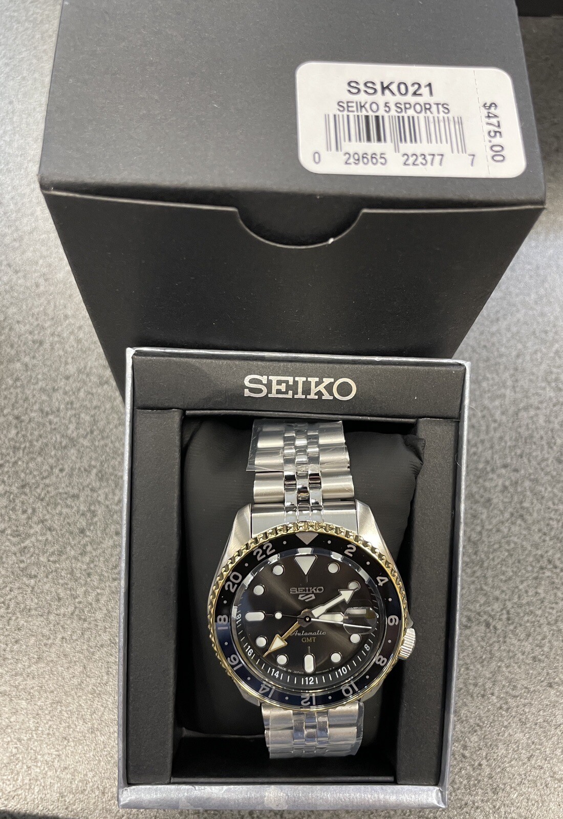 Seiko 5 Automatic GMT Steel Band Black Dial Gold Bezel Watch SSK021 ...
