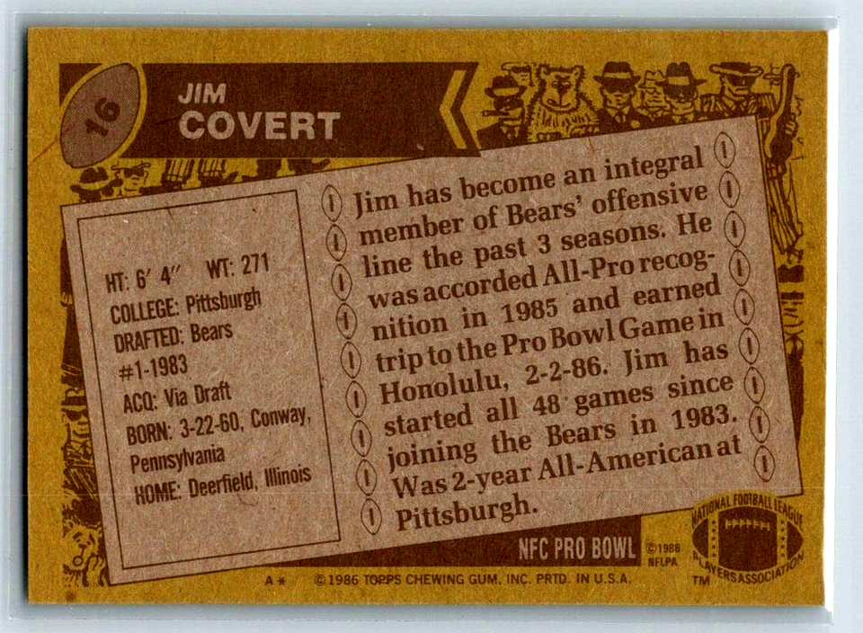 1986 NFL Topps Jim Covert #16 Chicago Bears 86-TFBC | eBay