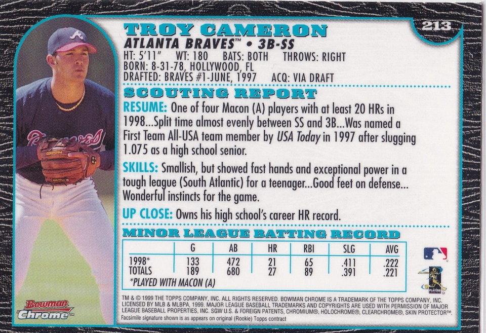 1999 Bowman #213 Troy Cameron MLB Atlanta Braves + (Yes 3 Free Mystery ...