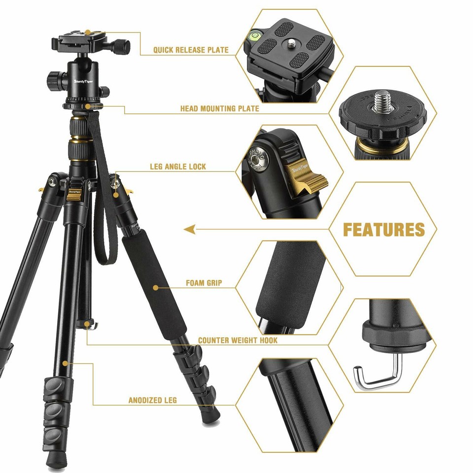 Sturdy Tiger 57” Ultra Compact and Lightweight Aluminum Tripod - 360 ...