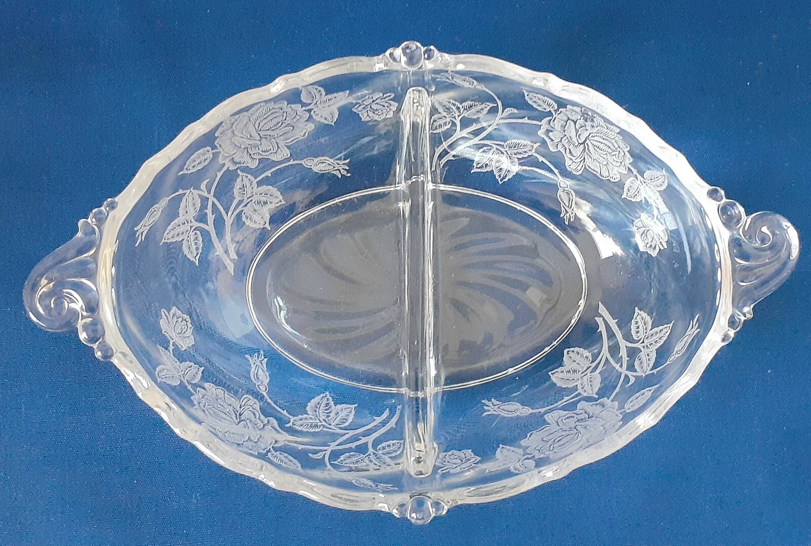 Heisey Etched Rose Pattern Divided Clear Glass Dressing Bowl Made In ...