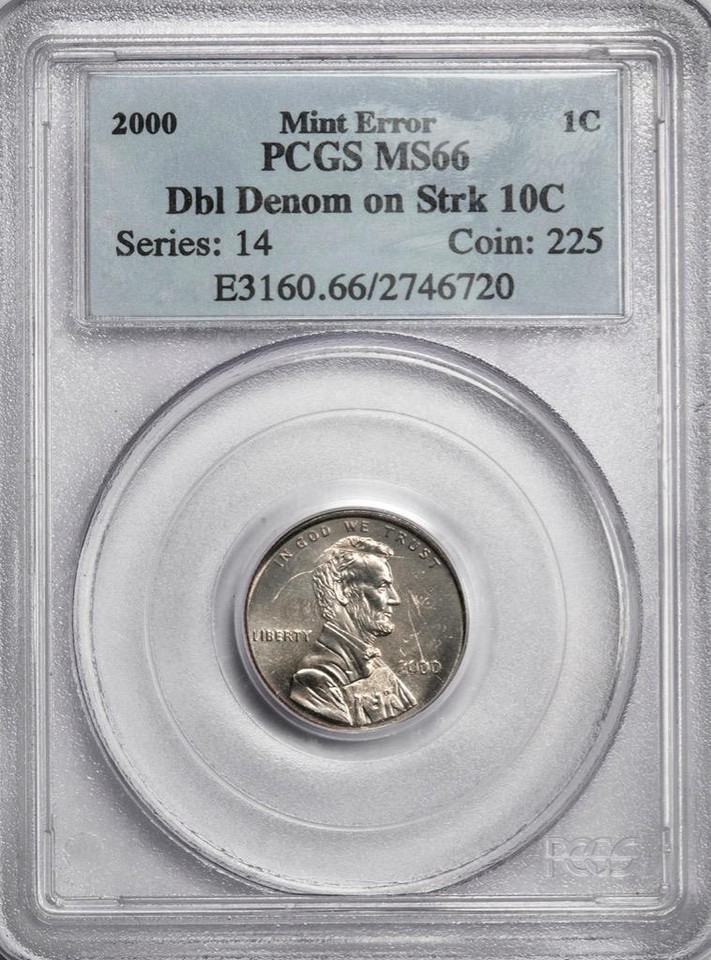 2000 PCGS MS66 Cent Struck on Struck Dime Mint Error Double ...