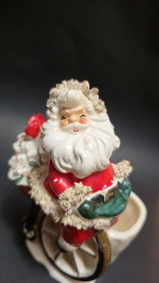 Vintage Lefton Spaghetti Santa Claus On Bicycle With Presents Planter ...