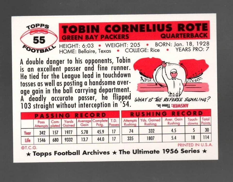 1994 Topps Archives 1956 Tobin Rote Green Bay Packers #55 Near Mint or ...