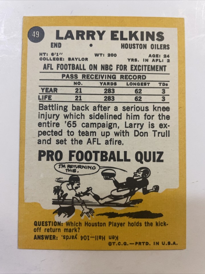 1967 Topps Larry Elkins Autographed Card #49 Houston Oilers A-50 | eBay