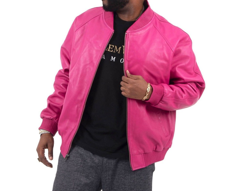 Men's 100% Real Lambskin Leather Pink Bomber Jacket Baseball Varsity ...