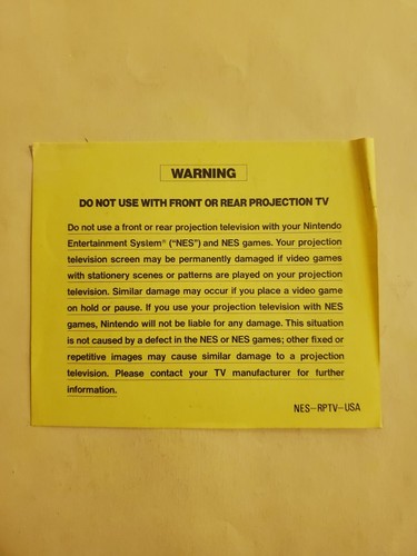 Nintendo NES Rear Projection TV Yellow Warning Insert NES-RPTV-USA | eBay