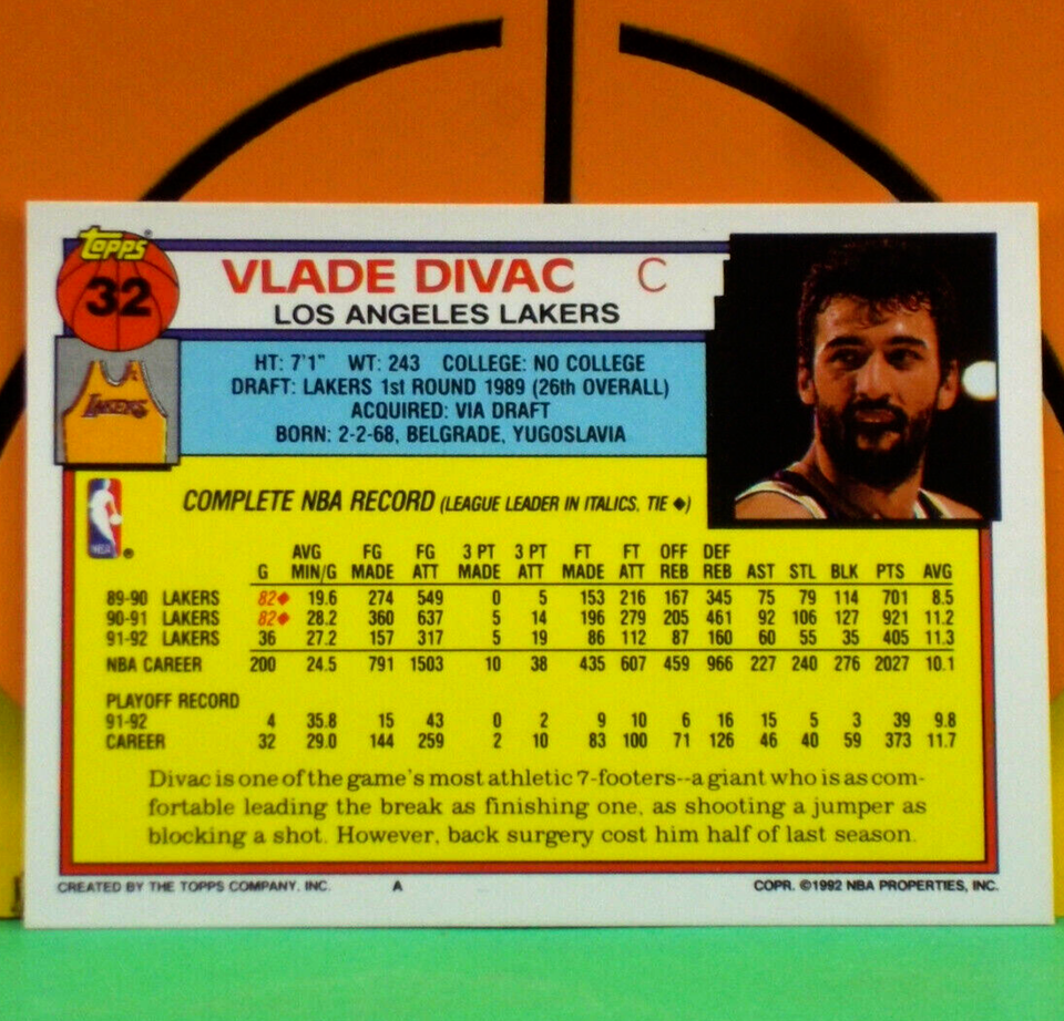 1992-93 TOPPS Basketball Card # 32 *** VLADE DIVAC *** Los Angeles ...