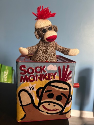 Sock Monkey Jack in the Box Turn Crank Musical Pop-Up Toy Surprise ...