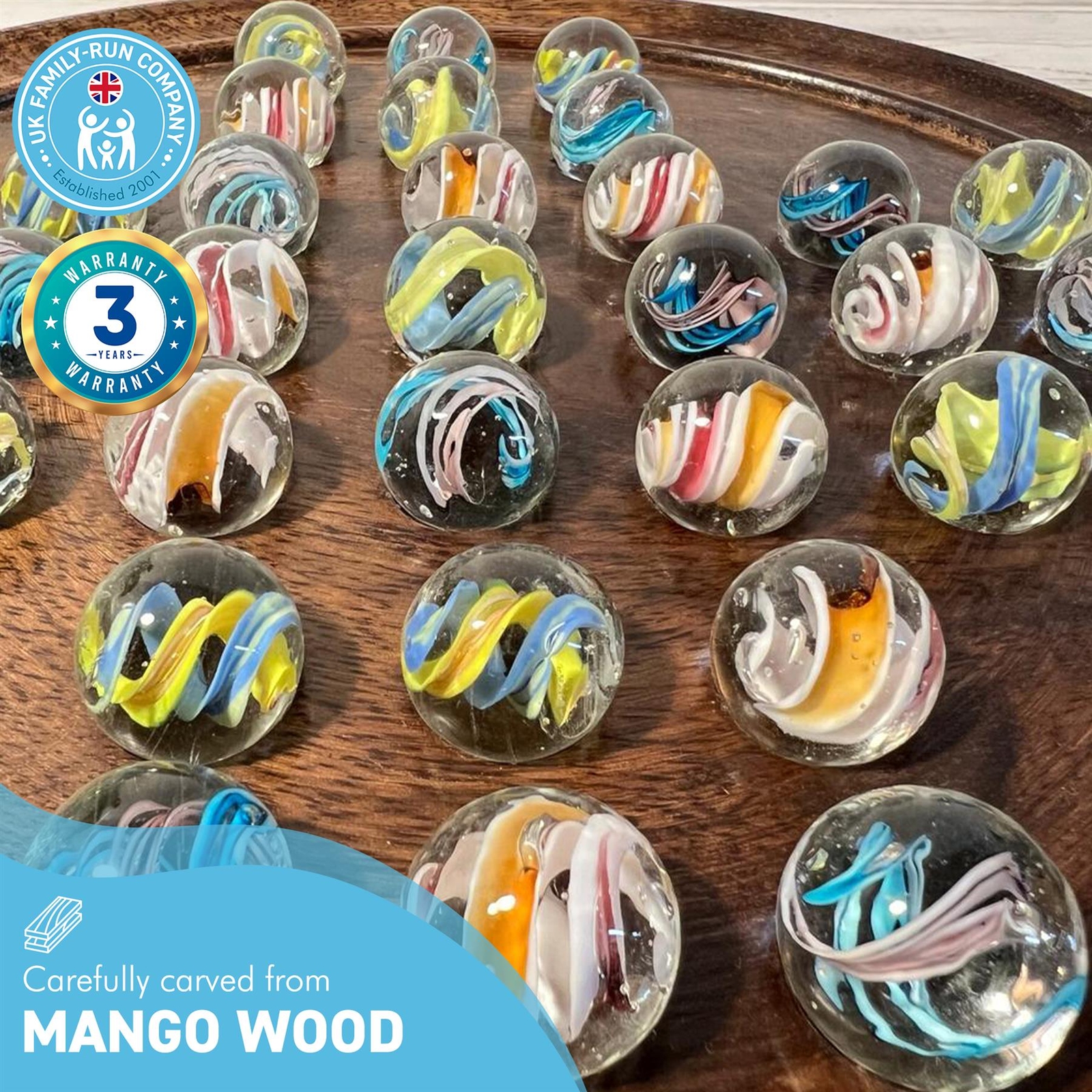 30cm (D) WOODEN SOLITAIRE BOARD GAME with 30mm HELTER SKELTER GLASS ...