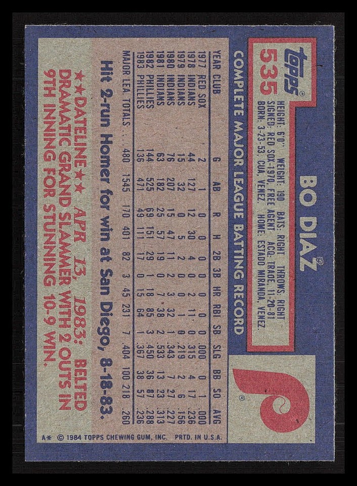 Bo Diaz 1984 Topps #535 Philadelphia Phillies | eBay
