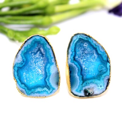 Royal Ocean Blue Geode Drzuy Gold Electroplated Stud Earrings Gifts For ...