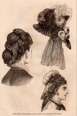 Antique Victorian Art print Fashion 1874 Hairstyle Bonnet Monogram name ...