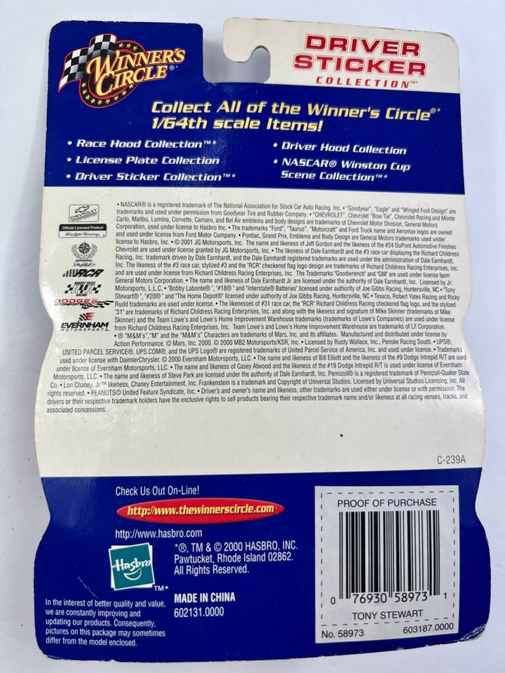 2000 Winners Circle TONY STEWART Drivers Sticker Collection 1/64 Scale ...