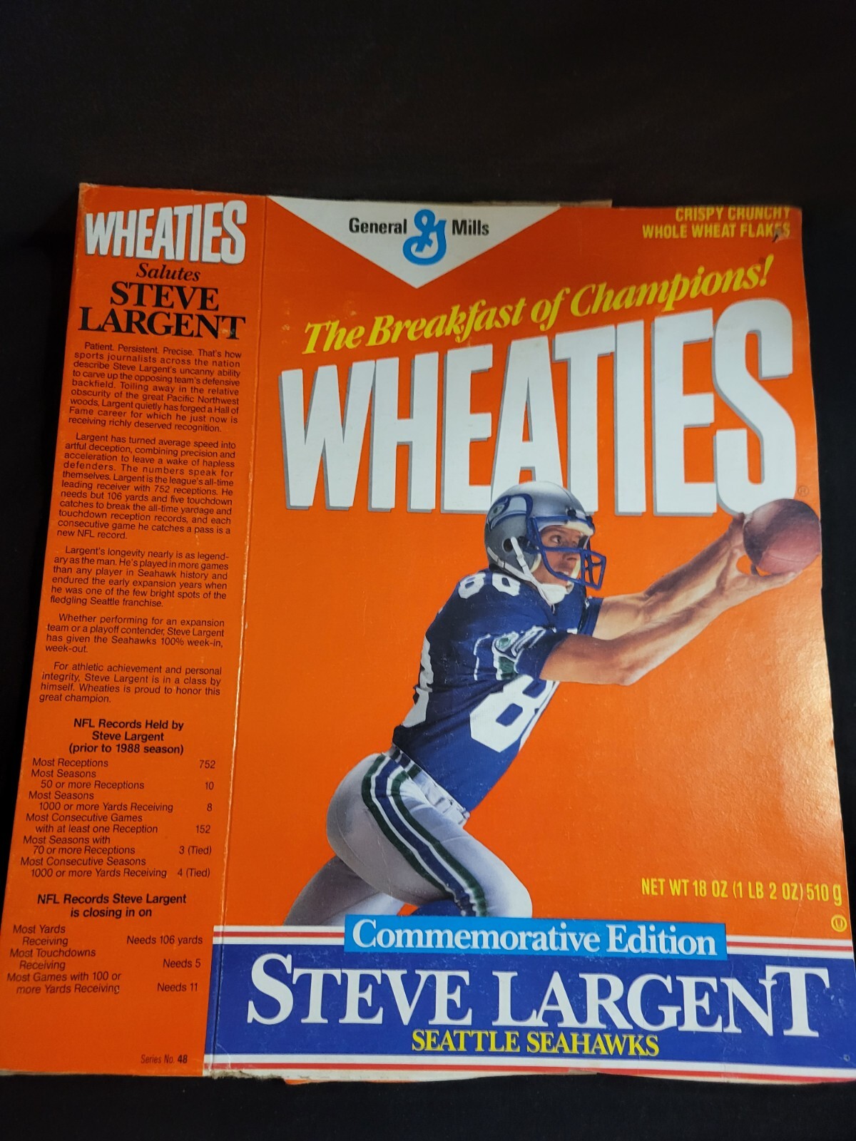 Wheaties Cereal Box Commemorative Steve Largent Seattle Seahawks Cutout ...