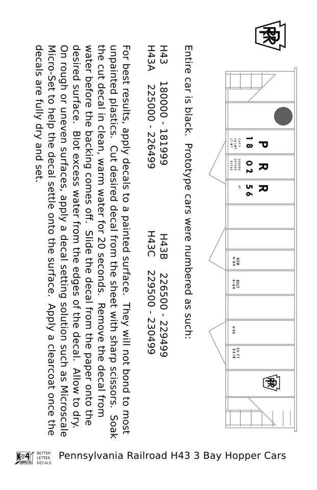 K4 O Scale Decals Pennsylvania Railroad PRR H43 3 Bay Hopper White Late ...