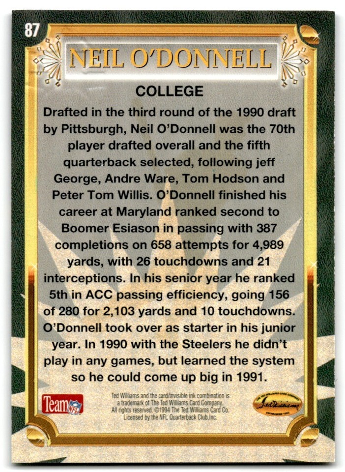 1994 Ted Williams Roger Staubach's NFL Neil O'Donnell Pittsburgh ...