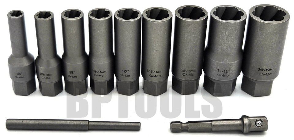 11pc 3/8" DR. Spiral Deep Bolt Lug Nut Extractor Set Twist Socket Stud ...