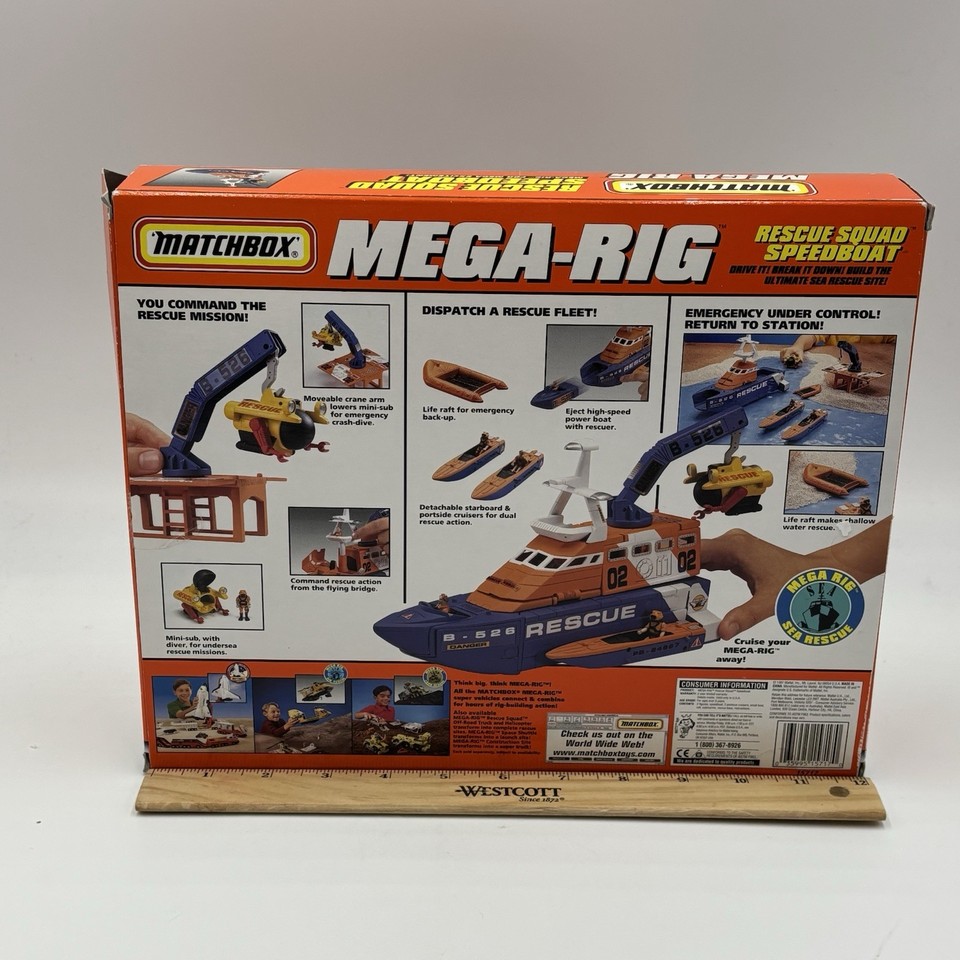 1997 MATCHBOX Mega-Rig Rescue Squad Speed Boat Playset Open Box ...