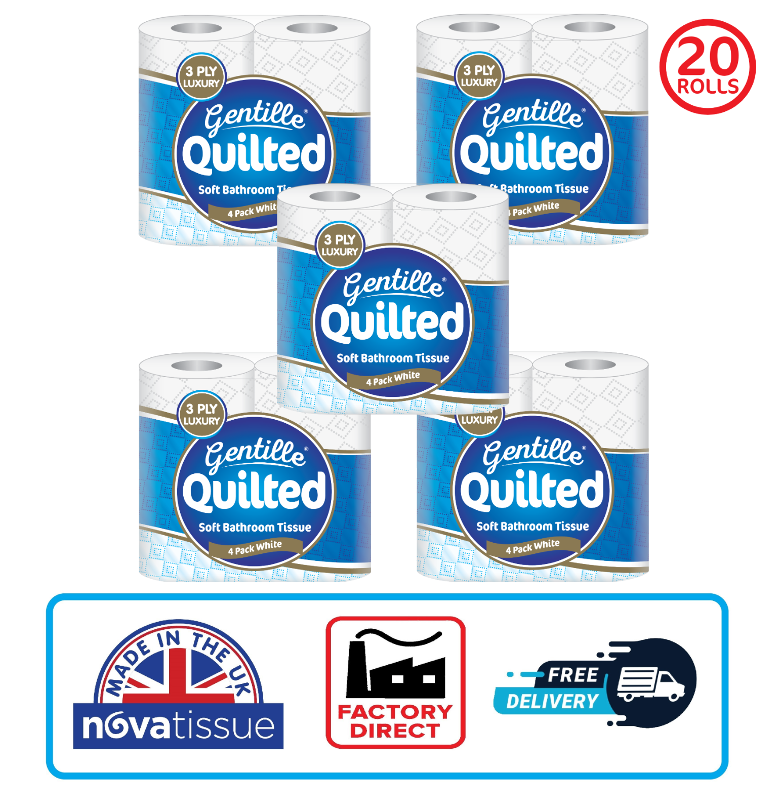 Gentille Quilted 3ply Luxury Soft & Strong Toilet Tissue Roll Paper 20 ...