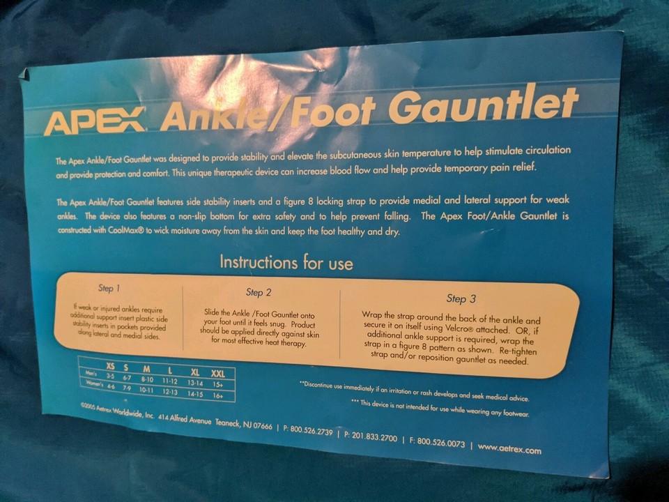 Apex Ankle Foot Gauntlet Stabilizer Wrap w/ Cool Max size Small Non ...