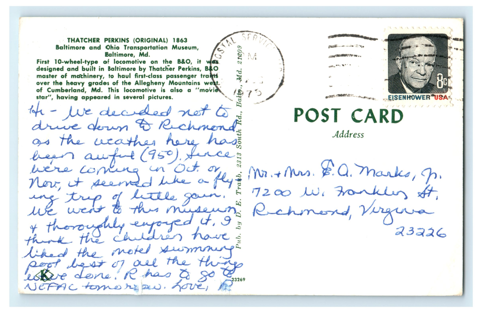 Postcard MD B. & O. Transportation Museum Thatcher Perkins 1863 Posted ...