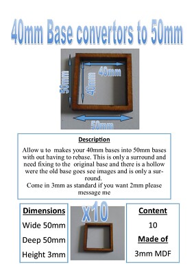 10x 40mm to 50mm Square Base Convertor 3mm or 2mm Warhammer the old ...