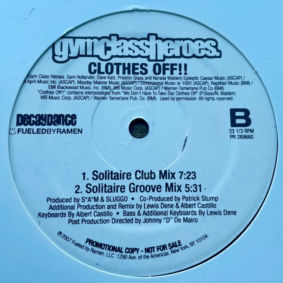 Gym Class Heroes Vinyl Clothes Off! Promo 12” Single & Remixes 2007 PR ...