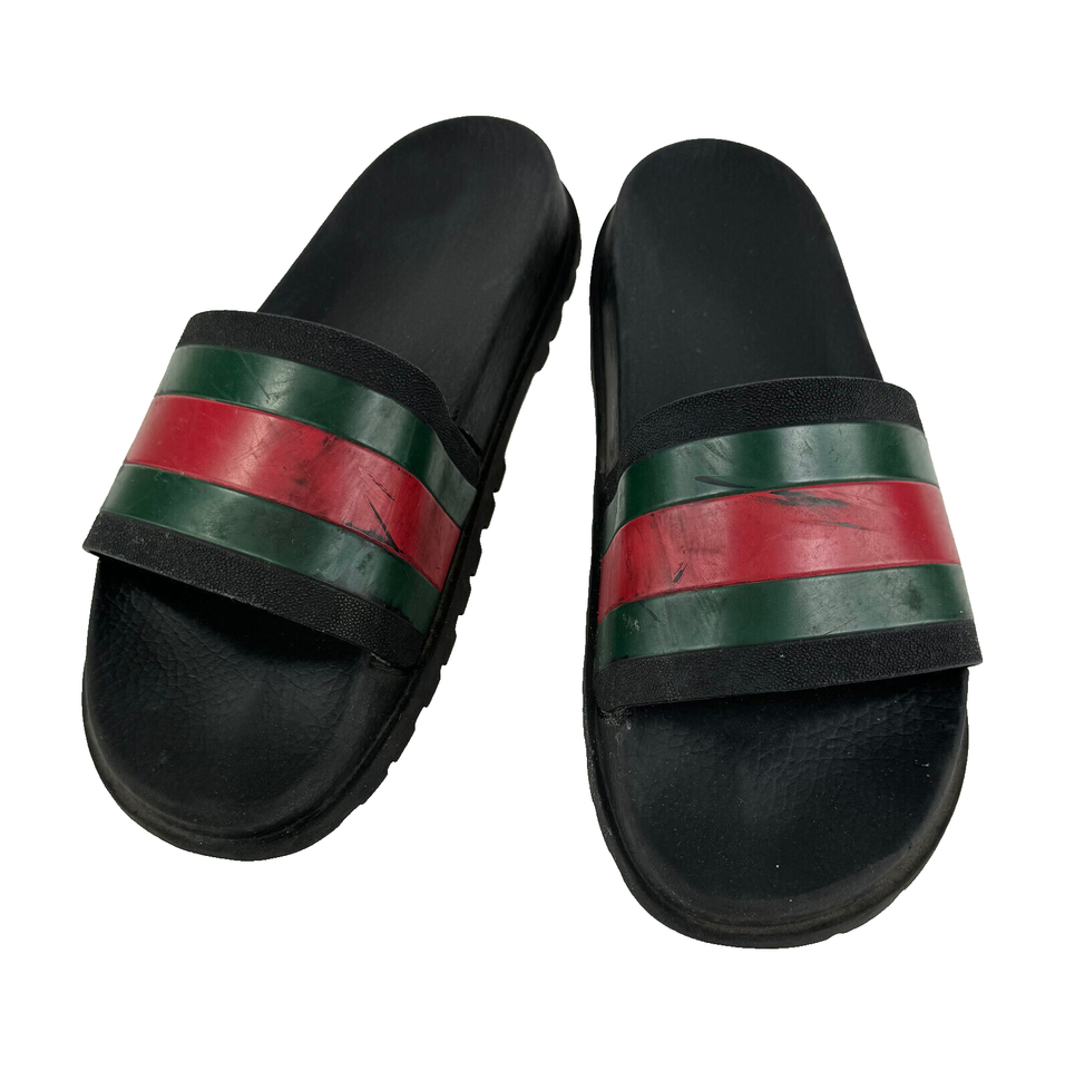 Gucci Auth Men 10.5 US 10 UK 44 EU Black Web Rubber Pool Slides Sandals ...