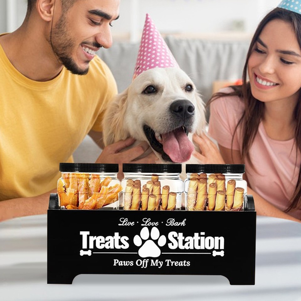 Dog Treat Container Wood Dog Food Storage Box for Cat Dogs with Paw ...