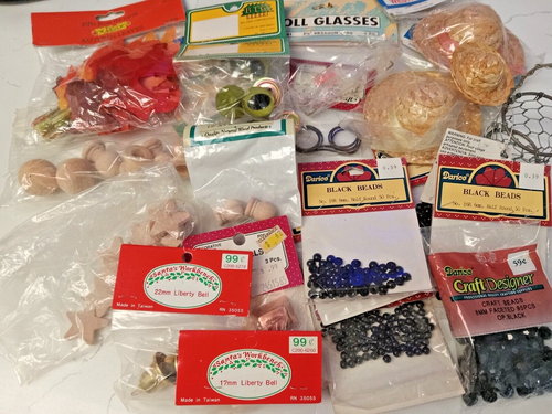 Junk Drawer Lot of Misc. Crafting Supplies Beads, eyes, hats, bells ...