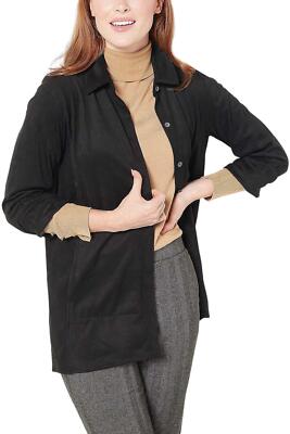 Susan Graver Petite Faux Suede Button-Front Shirt Jacket Black | eBay