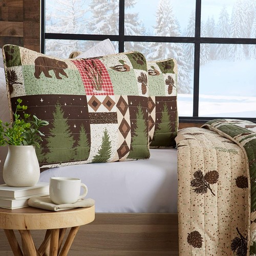 Green Brown Red Bear Duck Lodge 3 pc Quilt Set Twin Full Queen King Bed ...