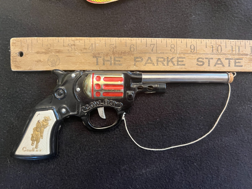 Vintage NOS TIN LITHO Cowboy Pop Cork & Sparking Gun JAPAN Western Toy ...