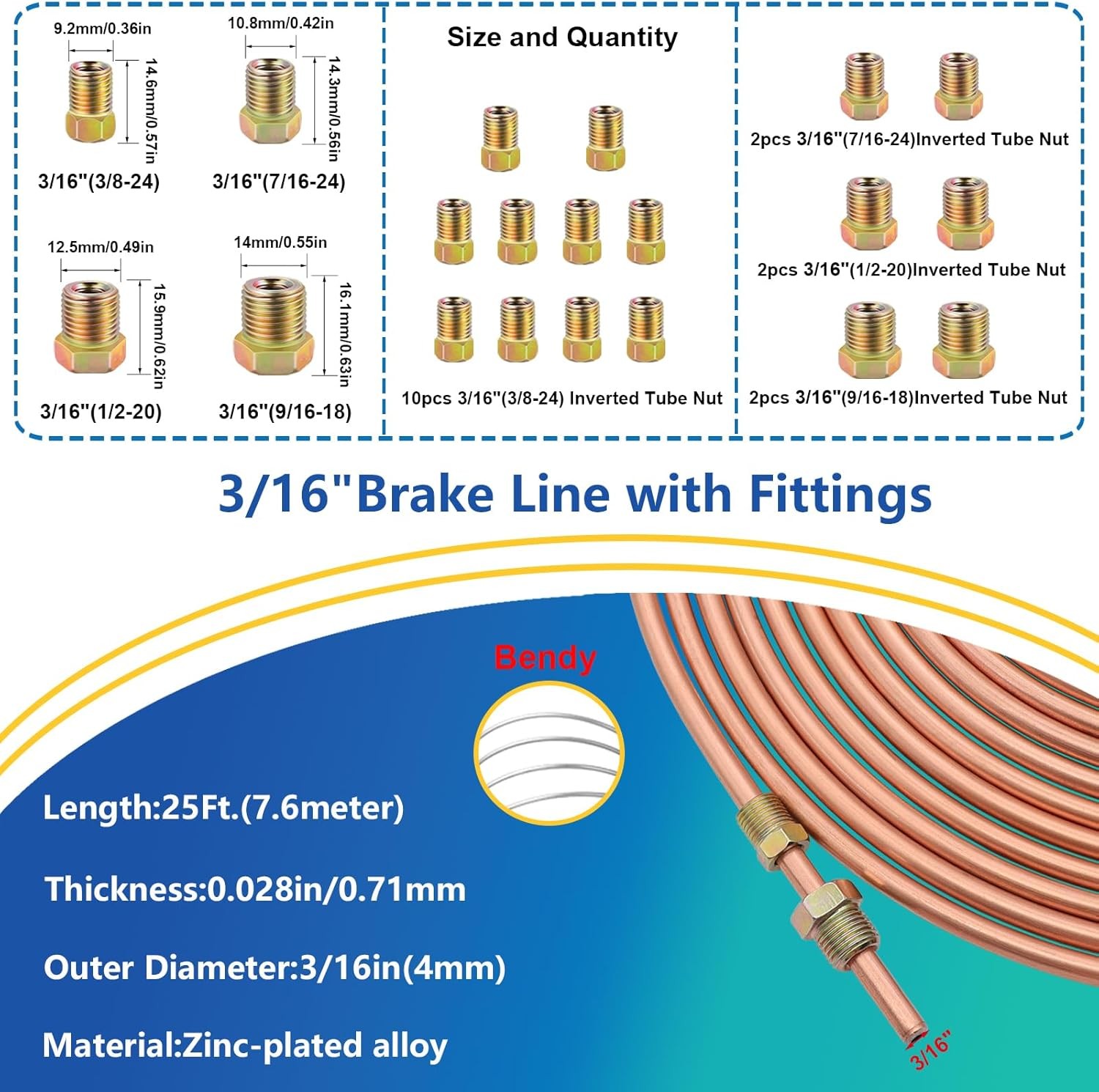 Brake Line Pipe Repair Kit 3/16 25ft Copper Pipe Flaring Tools 20 Nuts ...