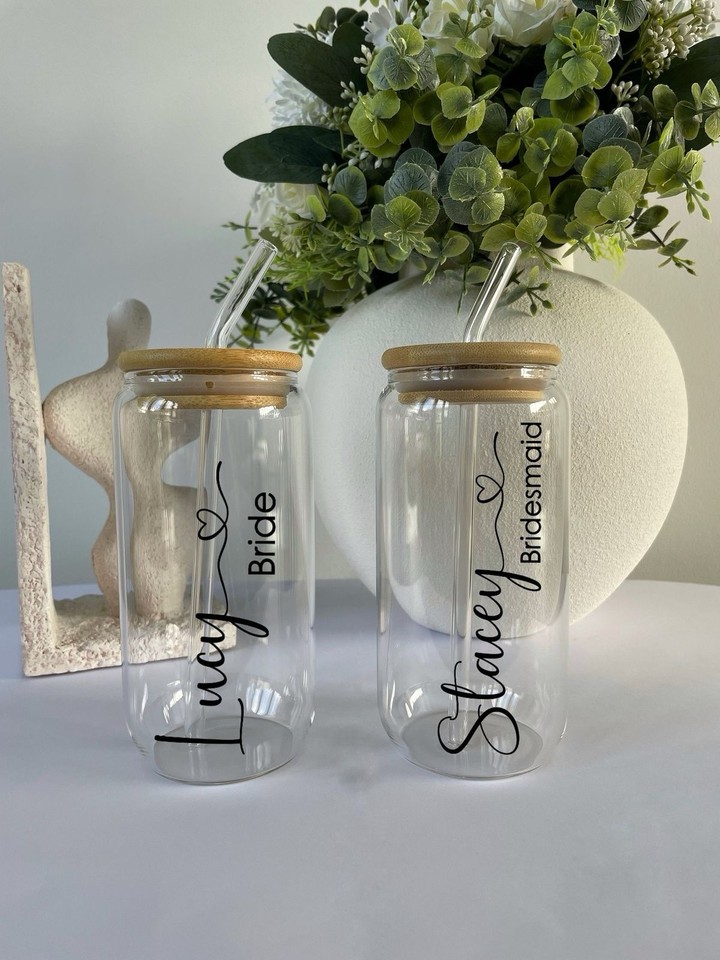 Personalized Glass Cup With Bamboo Lid & Straw - Custom Inicial + Name ...