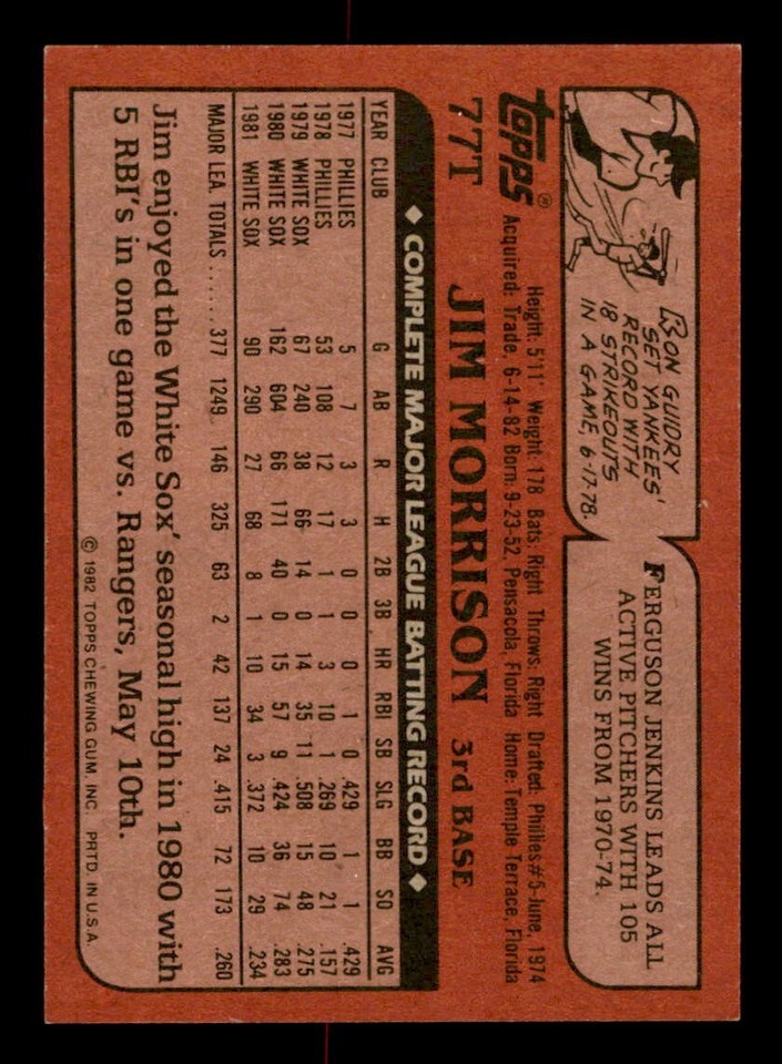 1982 Topps Traded Baseball #77T Jim Morrison Signed Autograph (No COA ...