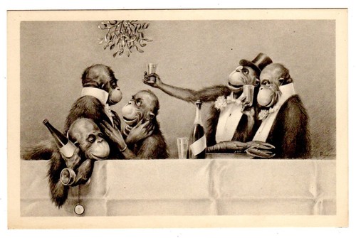 POSTCARD VIENNE MONKEYS WITH CHAMPAGNE AND MISTLETOE SIGNED ULREICH | eBay