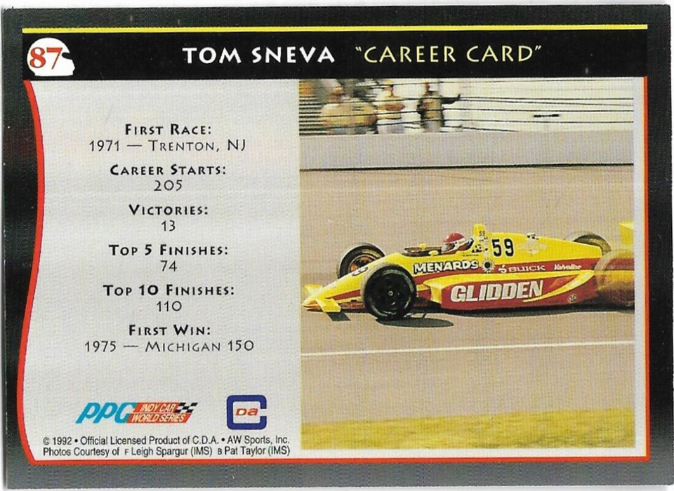 TOM SNEVA signed 1992 PPG #87 card INDY LEGEND - 7 | eBay