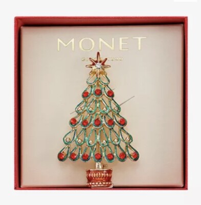 Brand New Monet Gold Tone Christmas Tree Pin Brooch Boxed Rhinestone ...