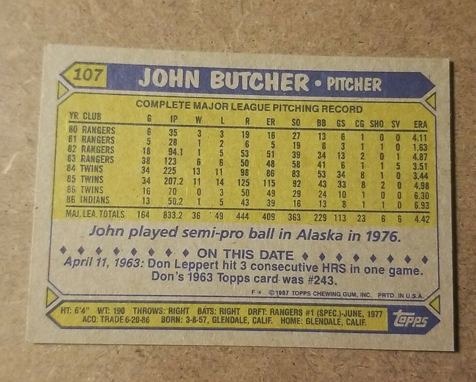 1987 Topps Baseball Card #107 John Butcher - Cleveland Indians | eBay