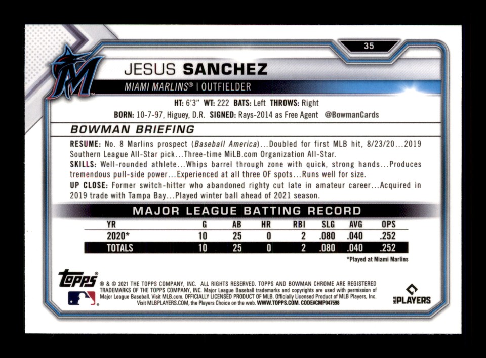 2021 Bowman Chrome #35 Jesus Sanchez Rookie Card RC Miami Marlins ...